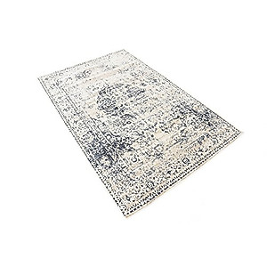 Unique Loom Chateau Collection High-Low Pile, Vintage, Traditional, Distressed, Medallion Area Rug (4' 0 x 6' 0 Rectangular, Beige/Navy Blue)