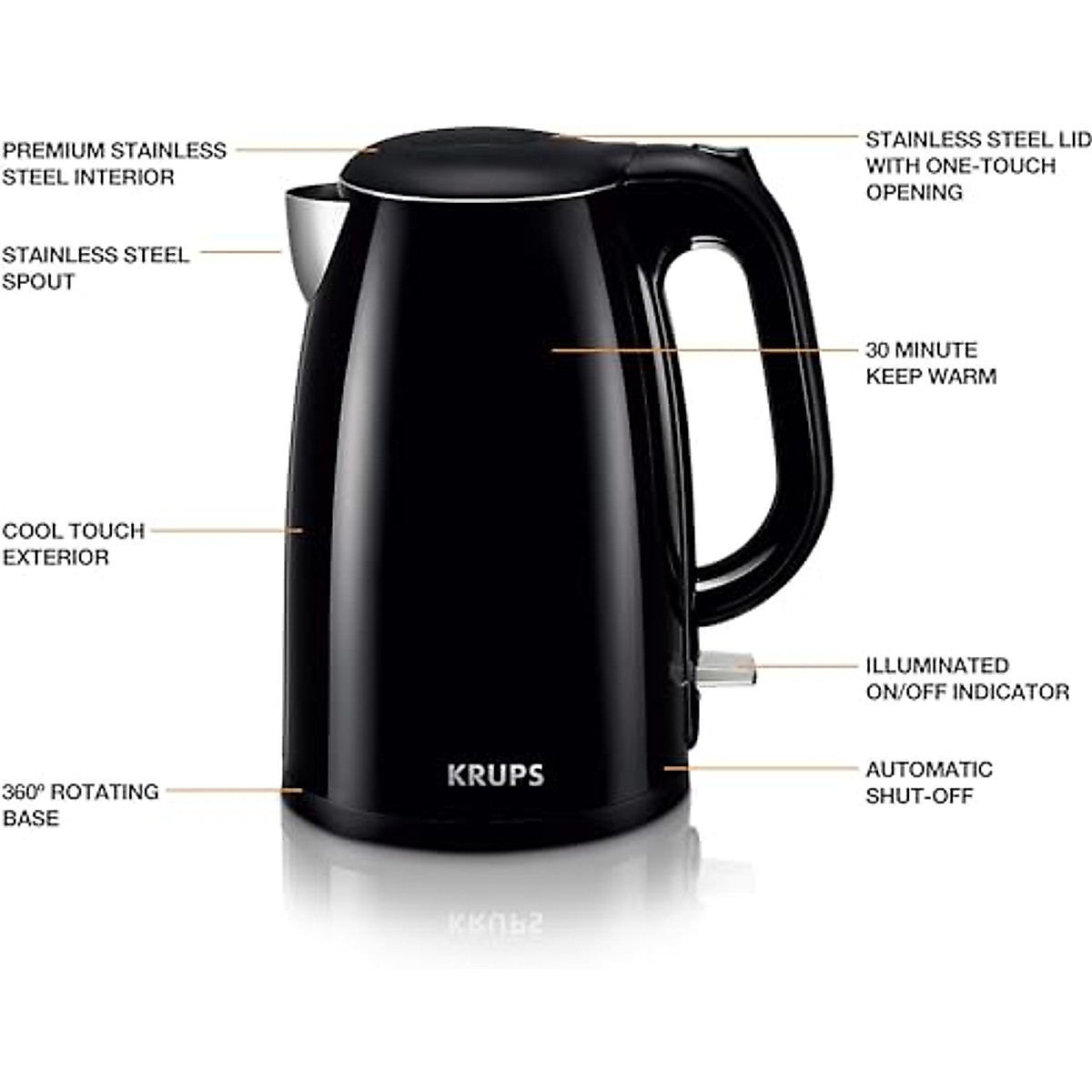 Krups, Electric Kettle, Cool Touch Stainless Steel Interior 1.5 Liter 1500 Watts Fast Boiling, one cup in 80 seconds, Double Wall, Fast Boiling, Auto Off, Keep Warm, Cordless Black