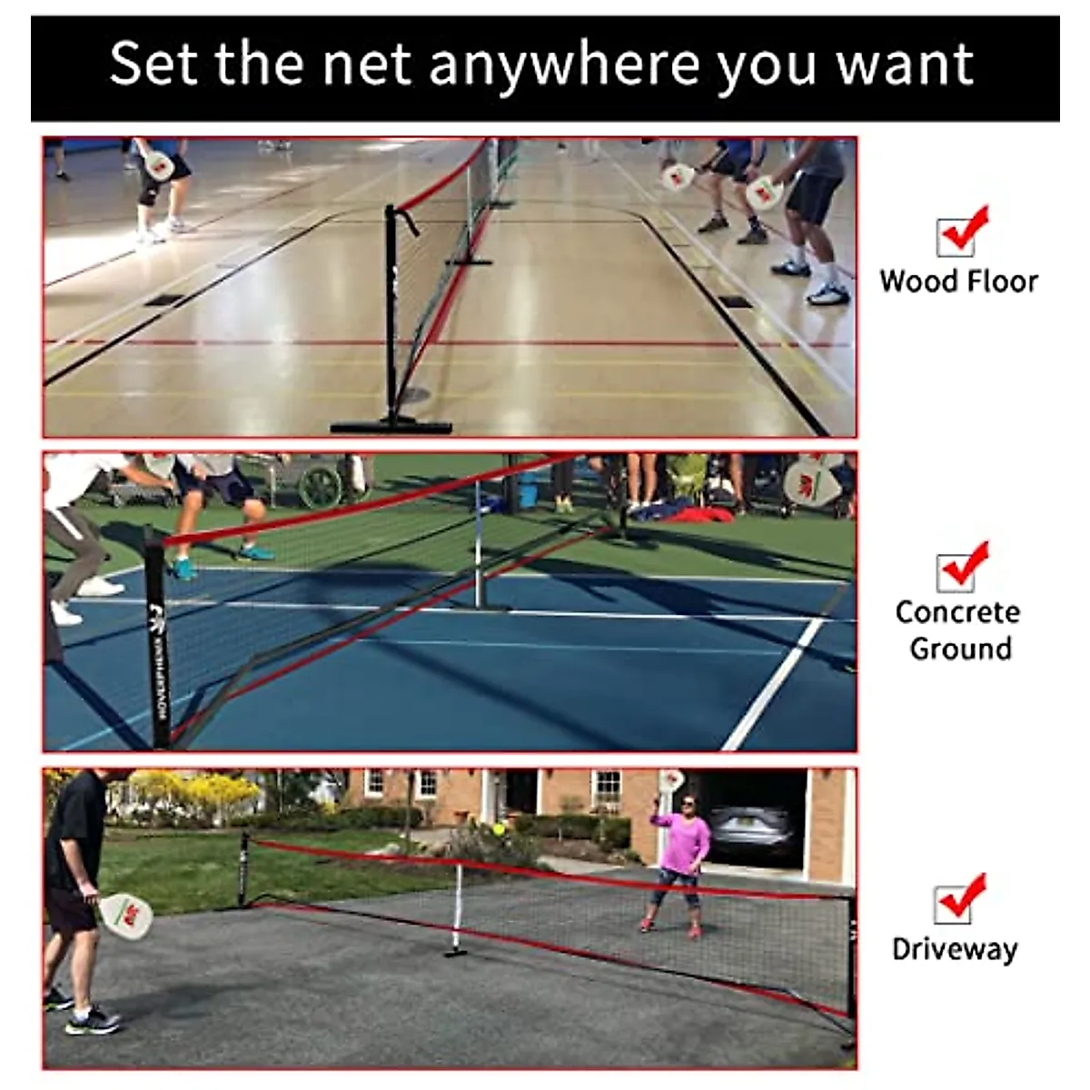 Hoverphenix Pickleball Set with Net for Driveway, Portable Regulation Size Pickleball Net System with Paddle Set of 4, Outdoor Pickleballs, Carry Bag, Weather Resistant Metal Frame