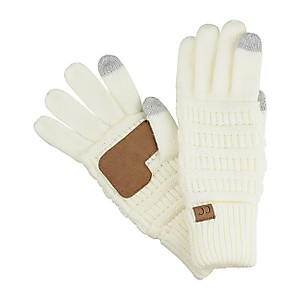 C.C Unisex Cable Knit Winter Warm Anti-Slip Touchscreen Texting Gloves, Ivory