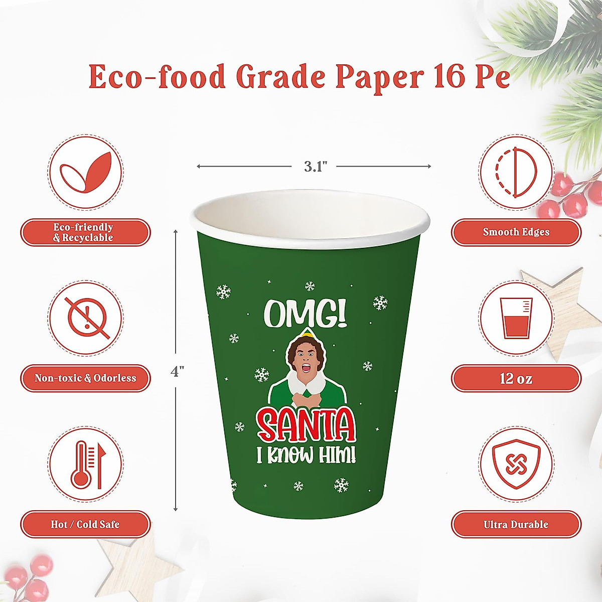 60 Pack Elf Christmas Cups, Buddy The Elf Christmas Party Supplies, 12 oz Funny Holiday Disposable Paper Cups, Xmas Party Drinking Cups for Coffee Cocoa Beverages Tea, Elf Merch Gifts for Women Men