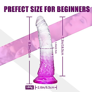 Realistic Clear Silicone Purple Dildo - Bed Secret G Spot Adult Sex Toy for Women Pleasure, 7.9 Inch Soft Small Jelly Dildo with Suction for Beginners & Men Anal Plug Sensory Toys