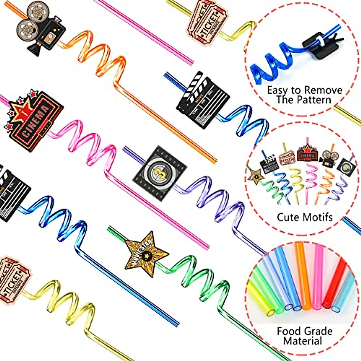 Movie Night Party Favors Movie Night Straws 24pcs Movie Night Party Decorations Supplies Movie Night Plastic Crazy Straws for Hollywood Party, Movie Theme Birthday Party Decorations