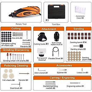 Rotary Tool Kit with Keyless Chuck Flex Shaft, 6 Variable Speed 10000-32000 RPM 3 Attachments Carrying Case for Cutting, Engraving, Drilling, Sanding, Polishing, DIY Crafts