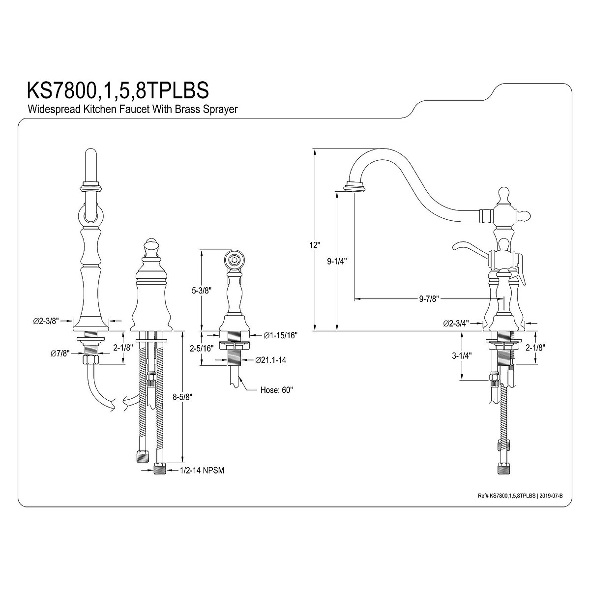 Kingston Brass KS7801TPLBS Templeton Widespread Kitchen Faucet with Brass Sprayer, Polished Chrome