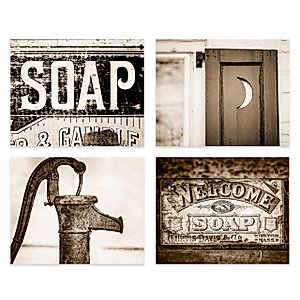Lisa Russo Fine Art - Sepia Bathroom Wall Art or Laundry Room Decor, Set of 4 SMALL 5x7" Prints, Unframed, Vintage Look Bathroom Pictures, Soap Signs, Pitcher Pump, Outhouse Moon, Brown