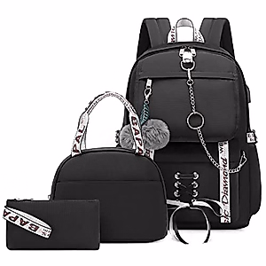 Hey Yoo School Backpack for Girls Backpack with Lunch Box School Bag Bookbag Aesthetic Cute Backpack Set for Teen Girls (Black)