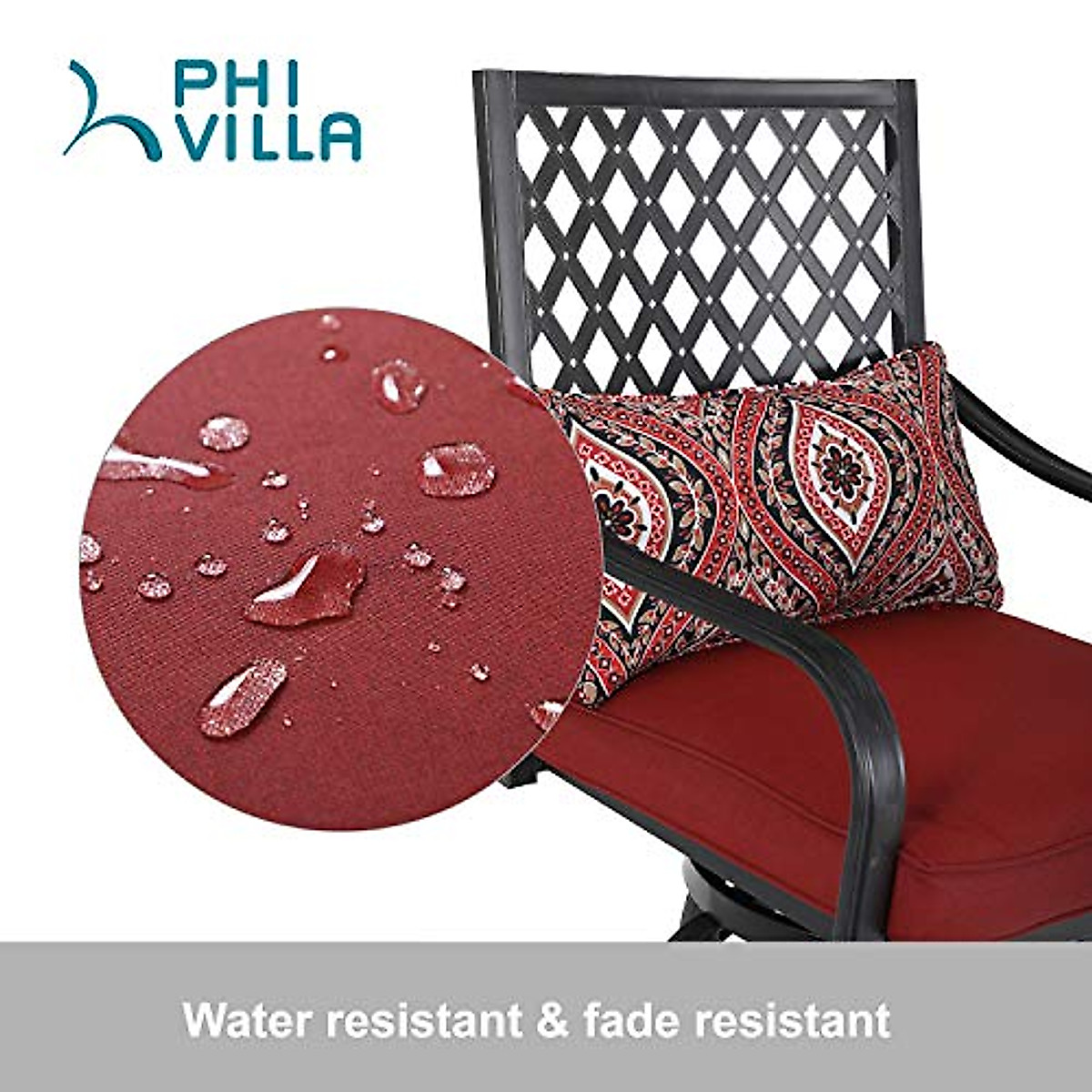 PHI VILLA Patio Swivel Bar Stools Set of 2, Outdoor Bar Height Bistro Dining Chairs, All-Weather Patio Metal Furniture Set with Armrest and Seat Cushion for Garden Backyard Lawn, Red