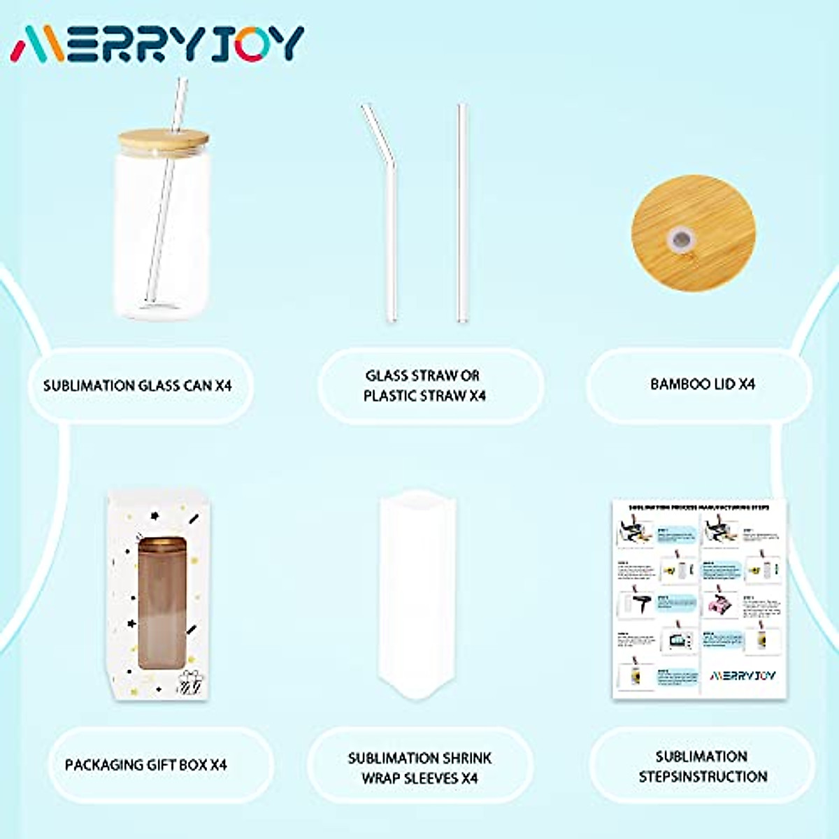 MerryJoy 4 PACK Sublimation Glass Blanks With Bamboo Lid,16 OZ Clear Glass Cups With Lids And Glass Straws,Sublimation Glass Can,Sublimation Glass Blanks For Iced Coffee,Juice,Soda,Drinks,Beer