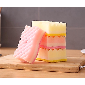 Yellow Pink Colors Multi-Functional Sponges Non-Scratch Scrub Sponges Household Kitchen Cleaning Sponges Durable Scouring Pads,Pack of 4