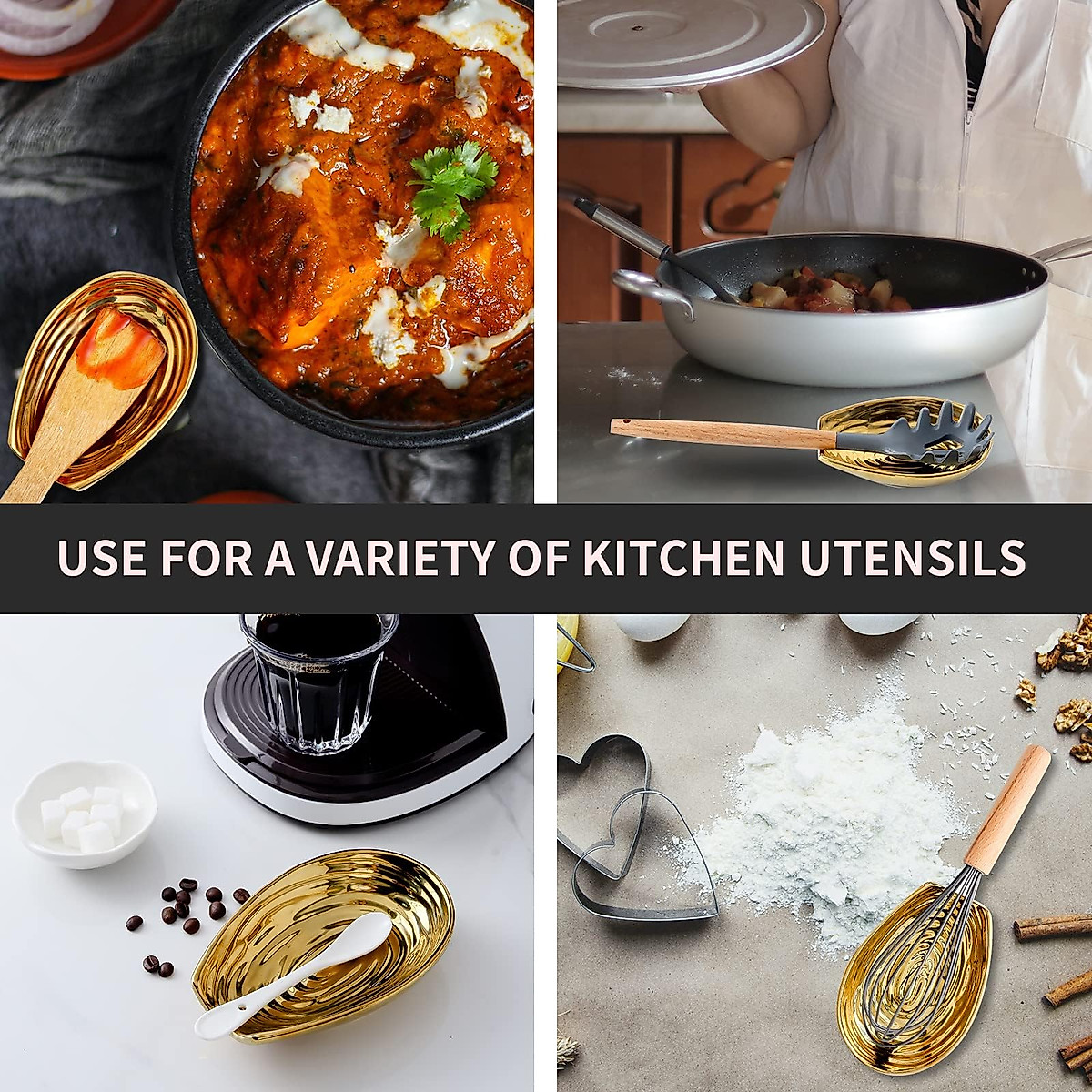 Tikooere Spoon Rest, Large 5.7 Inch Ceramic Spoon Holder for Stove Top, Farmhouse Cooking Spoon Rest for Kitchen Counter Decor, Porcelain Spoon Holder for Housewarming Gift (Gold)