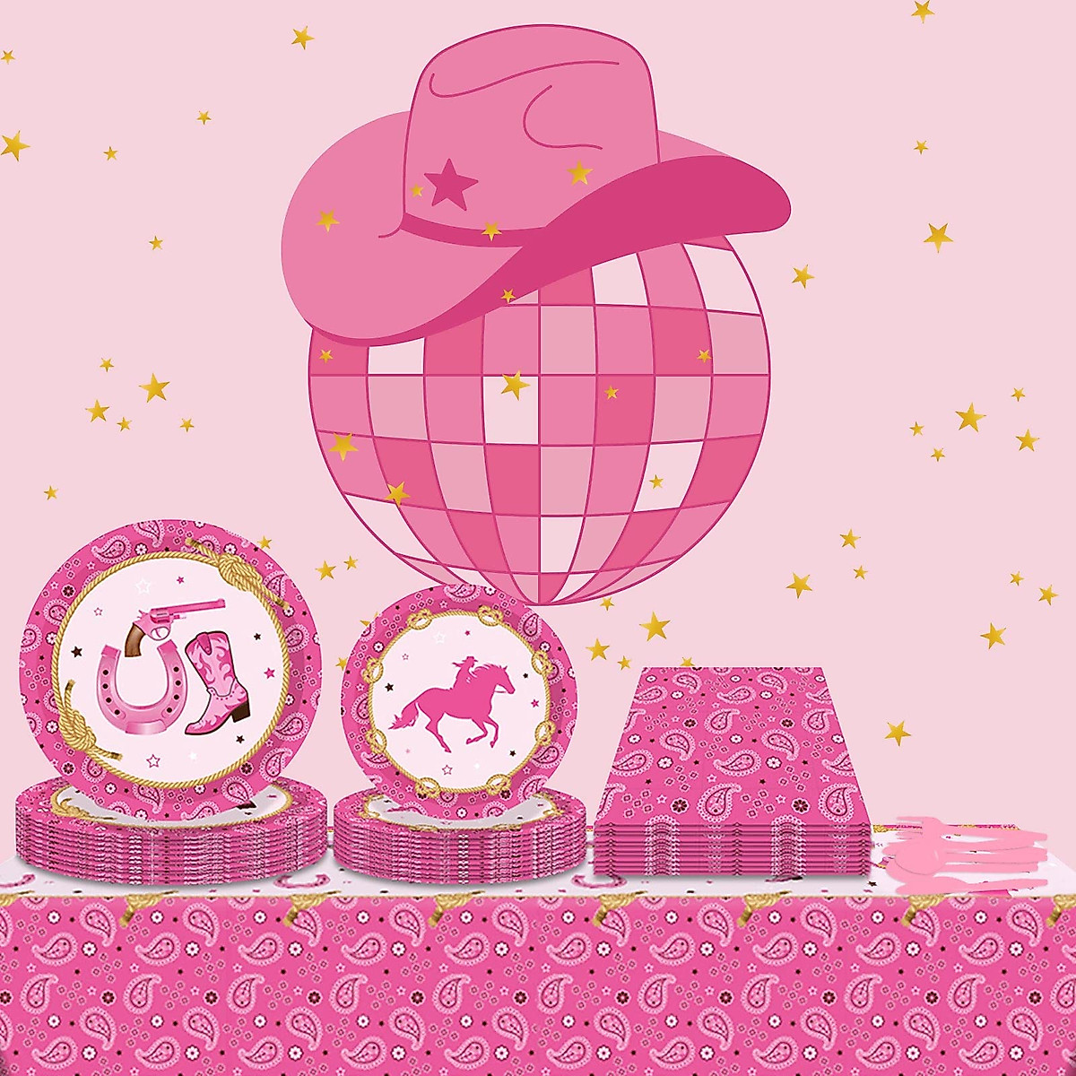 Western Cowgirl Party Supplies, Let's Go Girls Cowgirl Theme Tableware Set Including Tablecloth, Paper, Plates, Napkins, Forks for Western Disco Bachelorette Party Decorations Supplies - Serves 16