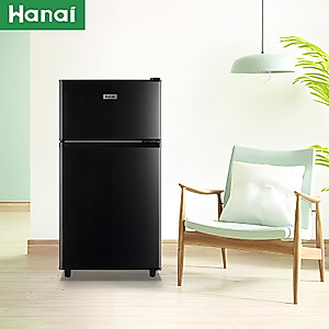 WANAI Mini Fridge with Freezer Two Doors Small Refrigerator with 7 Setting Adjustable Thermostat Crisper Drawer & Removable Shelves Extra Drink Space Low Noise Freezer-on-Top Refrigerator, Black