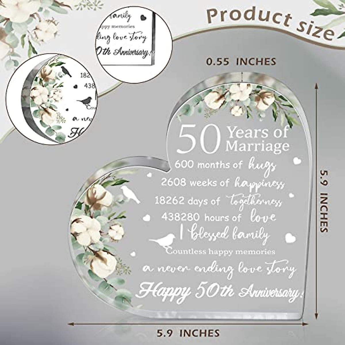 Wedding Gift for Her Years of Marriage Gift Happy Anniversary Present for Woman Acrylic Heart Marriage Keepsake for Wife Husband Girlfriend Boyfriend (50th Style)