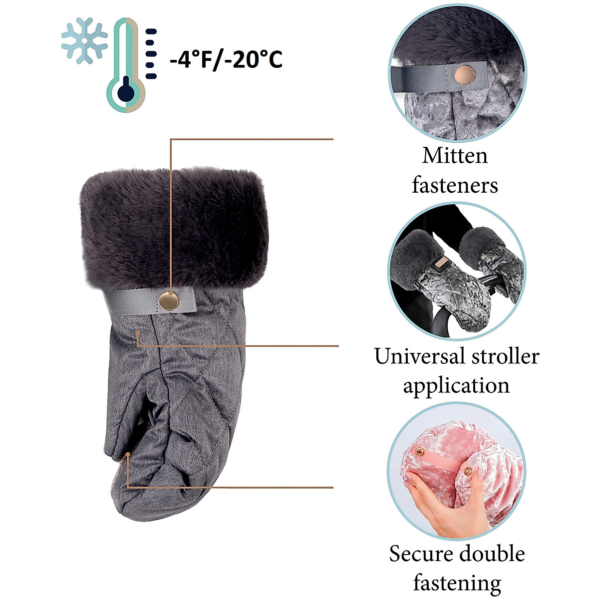 Emma Warm Muff Stroller Gloves, Wind and Water-Resistant, with Universal Fit, Kids Baby Pram Stroller Accessory, Anti-Freeze Gloves, Best for Freezing Cold Winter Conditions, Grey