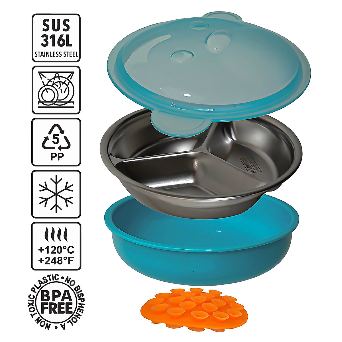 Wild & Free Ranch Stainless Steel Plate and Bowl Combo with Strong Anti-Slip Removeable Suction and Semi-Transparent Lid Designed for Children (Blue)