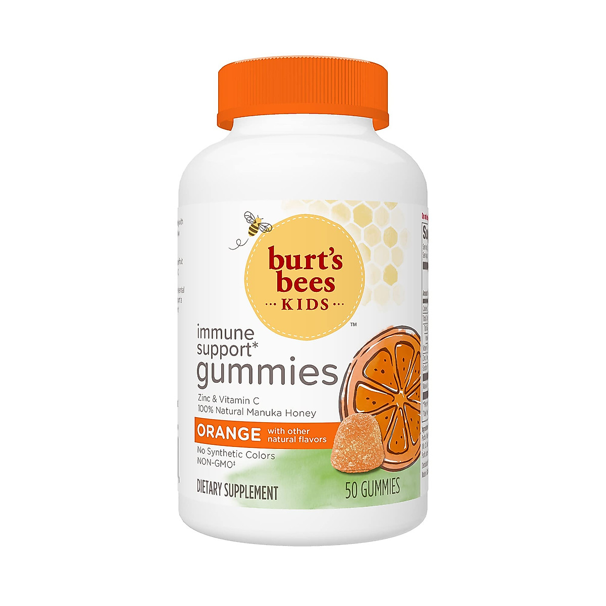 Burt's Bees Kids Immune Support Gummies: Vitamin C and Zinc, Natural Manuka Honey, Orange Flavor, 50 Count