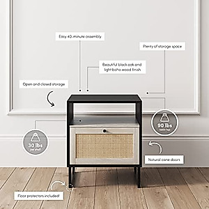 Nathan James Mina Rattan Wood End Side Accent Table with Storage for Living Room or Bedroom, Set of 2, Black Oak/Black