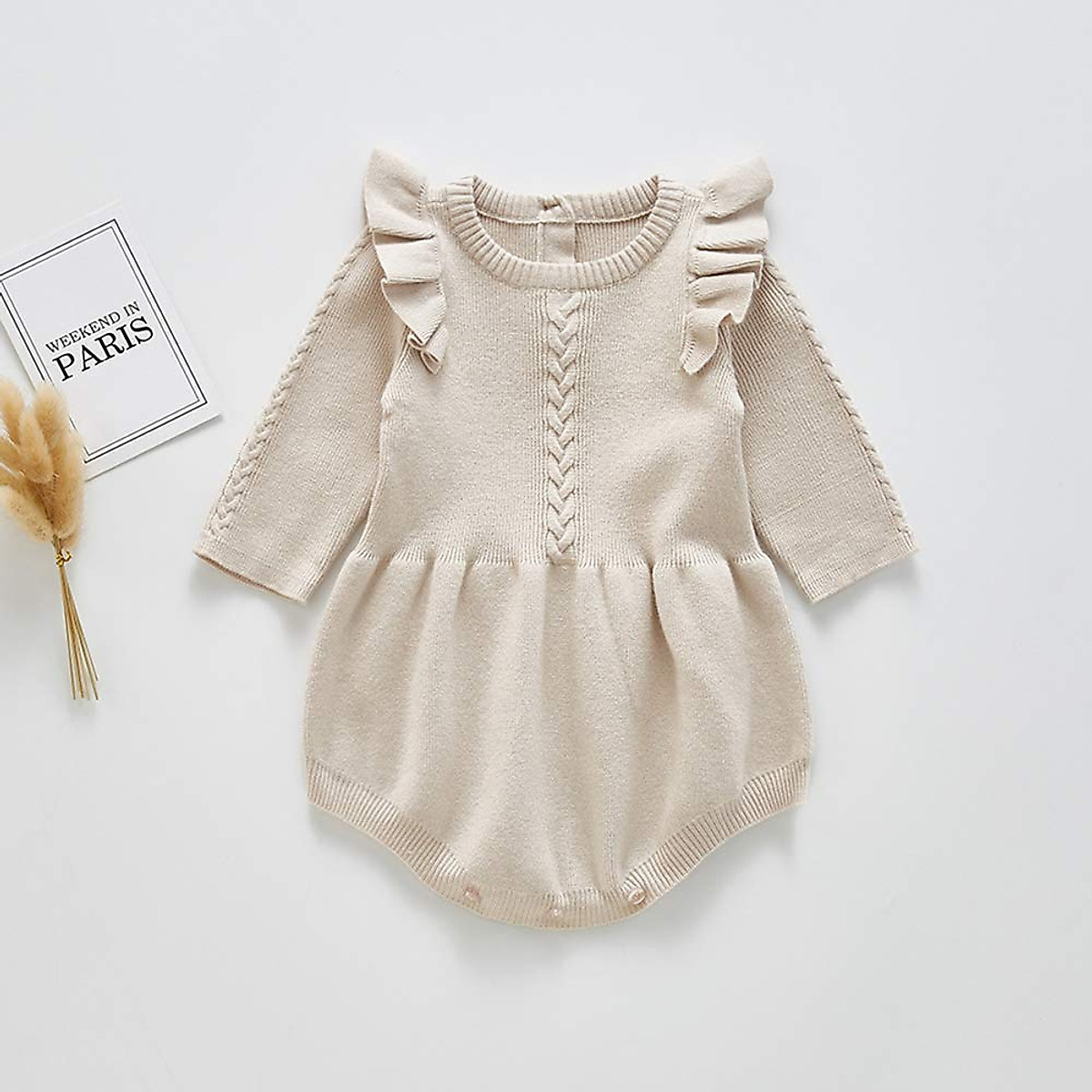 Fall Baby Outfits Baby Sweater Romper Infant Toddler Sweater Dress Photoshoot Outfit Knit Ruffle Long Sleeve Autumn Winter Clothes Newborn Coming Home 1st Birthday Knitted Outwear Apricot 0-3 Months