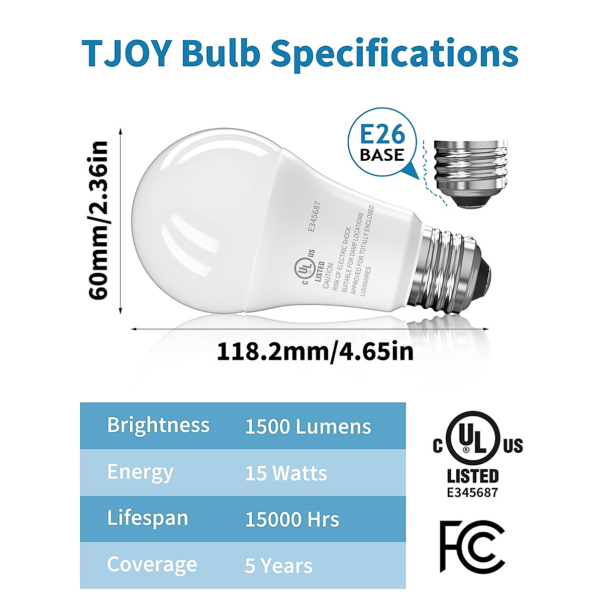 TJOY LED Light Bulbs, 100 Watt Equivalent A19, 5000K Daylight LED Bulbs, 15W Bright White Light Bulbs, Energy Saving Light Bulb with E26 Standard Base, 1500 Lumens Non Dimmable Lamp Bulb, 12 Pack