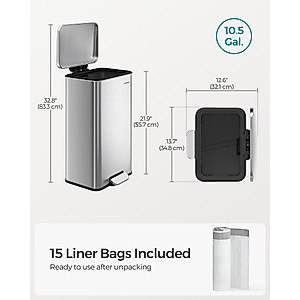 SONGMICS Kitchen Trash Can, 10.5 Gallon (40 L) Garbage Can, Large Step Trash Bin with Lid, Stainless Steel, Soft Close, 15 Trash Bags Included, Silver ULTB540E40