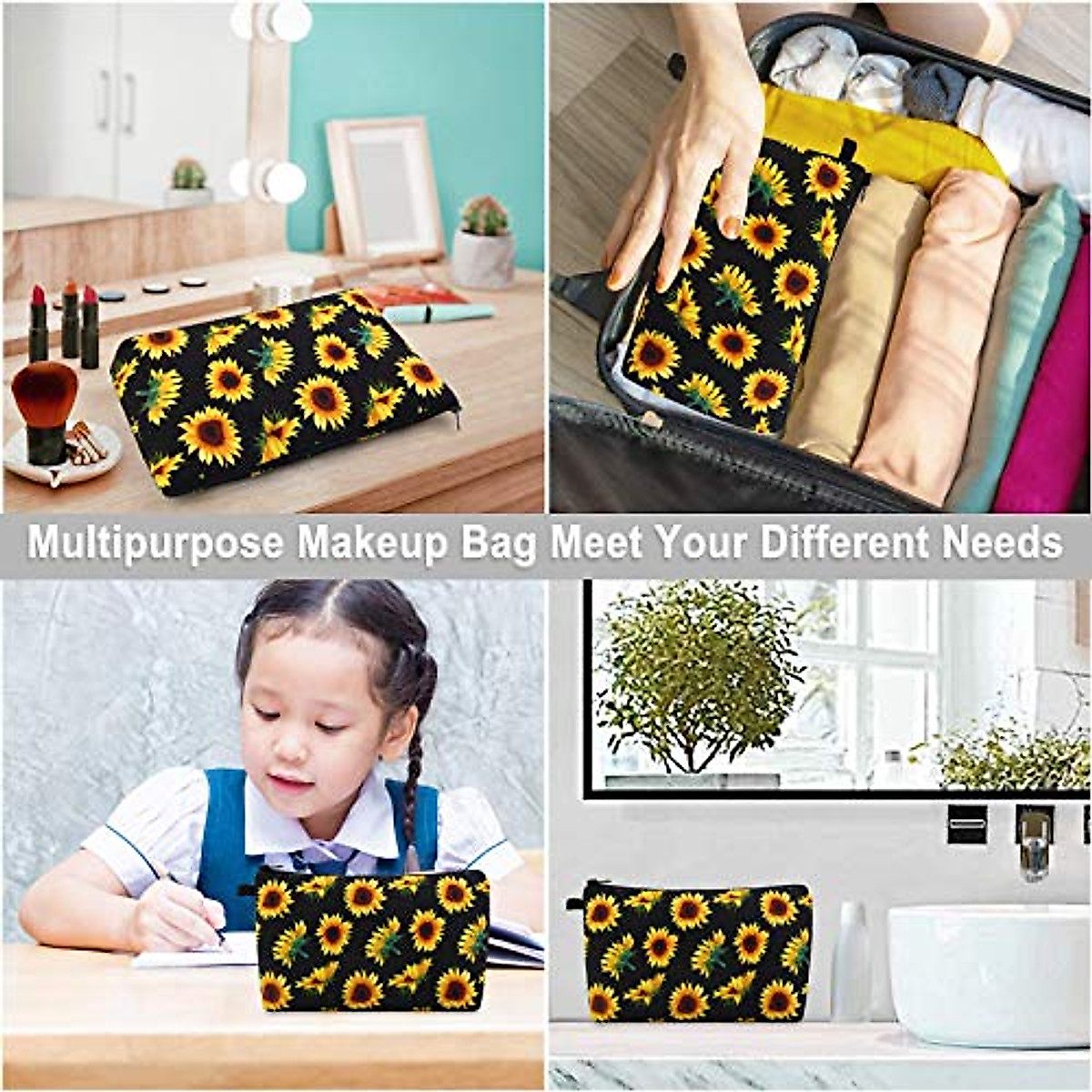 MAGEFY Sunflower Makeup Bag for Women, Portable Travel Cosmetic Bag with Black Zipper Pouch Waterproof Makeup Pouch Multifunctional Small Bag for Women (1 pack, sunflower 0173)