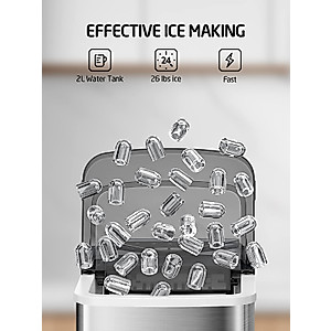 Ice Maker Machine for Countertop, 9 Ice Cubes Ready in 6 Minutes, 26lbs in 24Hrs Portable Ice Maker Machine Self-Cleaning, 2 Sizes of Bullet-Shaped Ice for Home Kitchen Office Bar Party