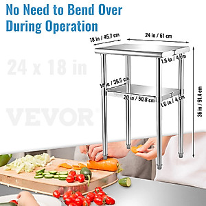 VEVOR Stainless Steel Prep Table, 24 x 18 x 36 Inch, 600lbs Load Capacity Heavy Duty Metal Worktable with Adjustable Undershelf & Feet, Commercial Workstation for Kitchen Restaurant Garage Backyard