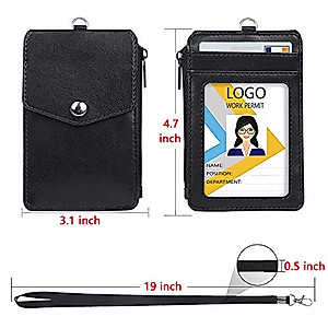 Teskyer Leather Badge Holder with Zipper Pocket,1 Clear ID Window and 3 Card Slots with Secure Cover, Premium Leather ID Holder with Nylon Lanyard for Office School ID, Credit Cards, Driver Licence