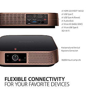 ViewSonic M2 1080p Portable Projector with 1200 LED Lumens, H/V Keystone, Auto Focus, Harman Kardon Bluetooth Speakers, HDMI, USB C, 12GB Storage, Stream Netflix with Dongle