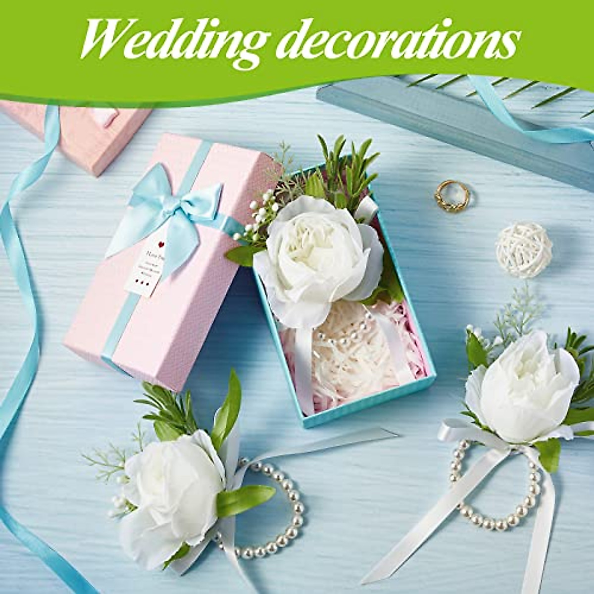 4 Pieces White Ivory Rose Wrist Corsage Boutonniere Wrist Corsage Artificial Rose Wrist Flowers Pearl Corsage Wristlet Artificial Bridesmaid Wrist Flowers for Women Bride Bridesmaid Party Prom Wedding