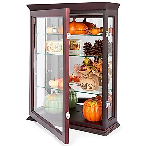 Displays2go 21" Countertop/Wall Mount Display Case, Adjustable Shelves, Locking - Mahogany (DCC2128MH2)