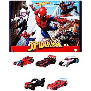 Hot Wheels Marvel Spider-Man Toy Cars 5-Pack in 1:64 Scale, Set of 5: Spider-Man, Proto-Suit Spider-Man, Miles Morales, Spider-Gwen & Venom