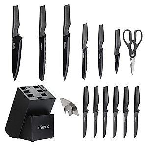 Kitchen Knife Set with Block and Sharpener 16 Pcs German Stainless Steel Knife Block Set with Cutting Board, Finger Protector for Cutting Food and Knife Sharpener Knives Set for Kitchen