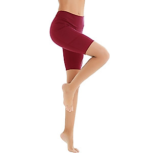 COOLOMG Women's Yoga Shorts Tummy Control Running Workout Bike Athletic Sport Shorts Non See-Through Side Pockets Burgundy Small