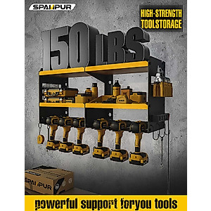 Spampur Power Tool Organizer Wall Mount with Charging Station, Garage Tool Shelf 6 Drill Holders, Tool Battery Holder with Screwdriver Heavy Duty Rack, Tool Storage Rack with 4 Outlet Power Strip