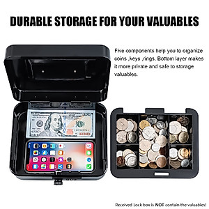 KYODOLED Medium Cash Box with Combination Lock Safe Metal Money Box with Money Tray for Security Lock Box 7.87"x 6.30"x 3.54" Black Medium