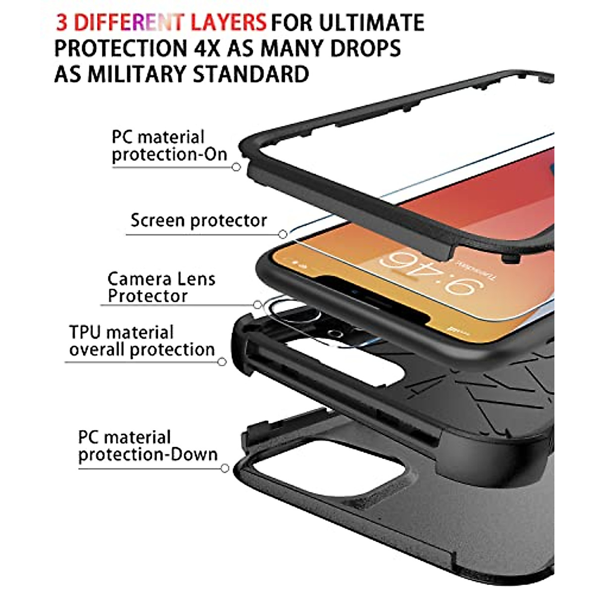 Diverbox for iPhone 11 Case [Shockproof] [Dropproof] [Tempered Glass Screen Protector],Heavy Duty Protection Phone Case Cover for Apple iPhone 11 (Black-3in1)