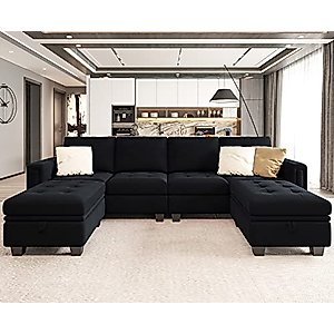 Belffin Velvet U Shaped Sectional Sofa Couch with Storage Ottoman Convertibel Sectional Sofa with Reversible Chaises Black