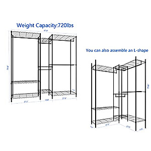 Serxis Heavy Duty Garment Rack for Hanging Clothes, Metal Clothing Rack,Large Capacity Portable Clothing Rack,Freestanding Open Wardrobe Organizer Rack, 67.0"L x 13.8"W x 75.6"H Max Load 720LBS, Black