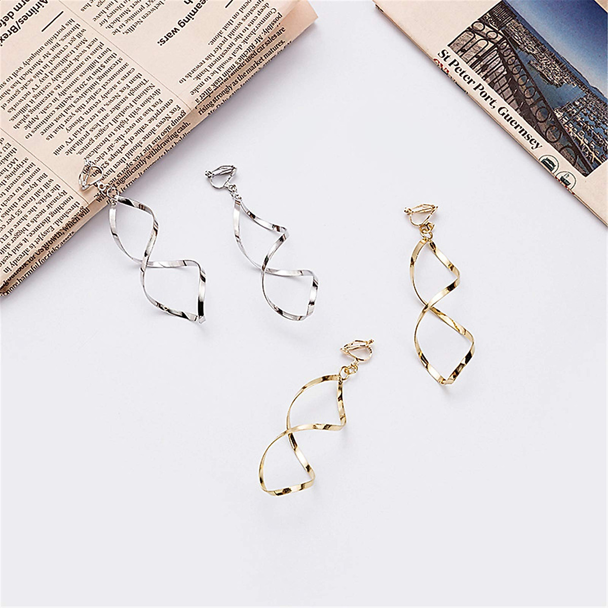 coadipress 2 Pairs Twisted Clip On Earrings for Women Fashion Gold Silver Plated Spiral Curved Wave Statement Clip-on Earrings Non Piercing Earrings (2 Pairs Twisted Clip)