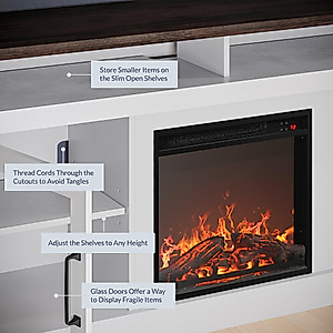 BELLEZE Modern 60" Traditional TV Stand with 18" Electric Fireplace Heater & Media Entertainment Center Console Table for TV up to 65" with Open Storage Shelves & Cabinets - Cayman (White)