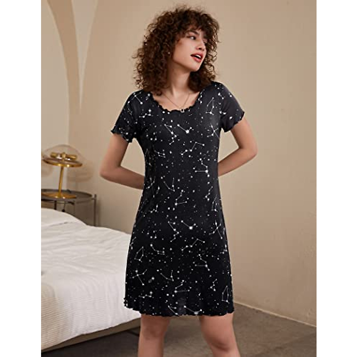 Ekouaer Nightgown Womens Cotton Night Shirt for Sleeping Starry Sky Printed Sleepwear Short Sleeve Ruffle Seams Sleep Shirts Lightweight Sleepdress L