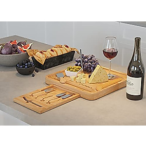 Bamboo Cheese Board Set - Premium Cheeseboard Gift Set - Includes 4 Cheese Knives & 10 Cheese Forks- charcuterie board set, Fruit, Cured Meat Serving Platter With Drawer- Ideal For Parties & Events