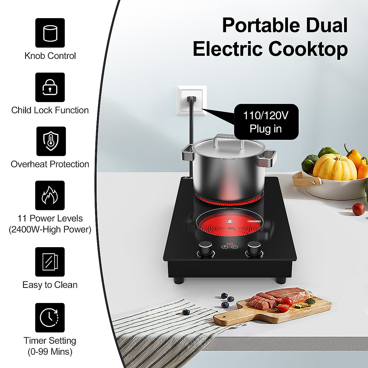 Electric Cooktop,110V 2400W Electric Stove Top with Knob Control, 11 Power Levels, Kids Lock & Timer, Hot Surface Indicator, Overheat Protection,Built-in and Countertop 2 Burner Electric Cooktop