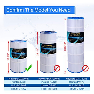 POOLPURE PLF90A Pool Filter Replaces Hayward C900, CX900RE, Pleatco PA90, Ultral-B6, Unicel C-8409, Filbur FC-1292, Sta-Rite PXC95, 90 sq.ft, L x OD: 17 3/8" x 8 15/16" 1 Pack