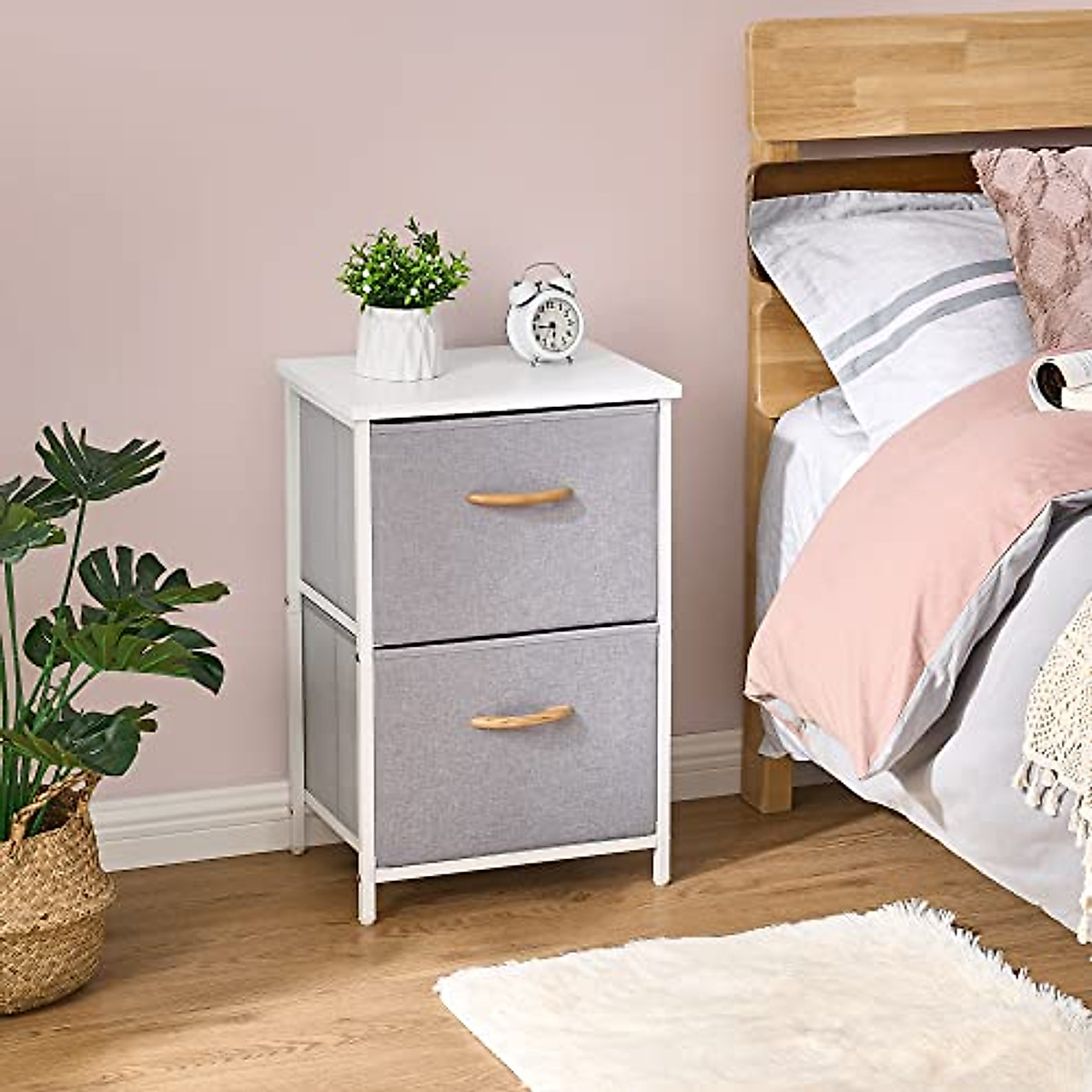 LAND·VOI Dresser Storage,Night Stand with 2 Fabric Drawers,End Table for Bedroom, Office, Living Room, and Hallway Entryway Closets, Steel Frame Wood Top, Easy Pull Handle,White Grey