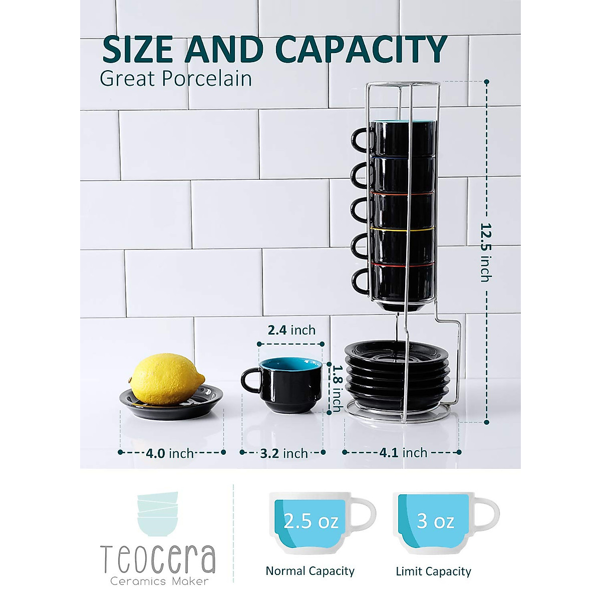 Teocera Porcelain Espresso Cups with Saucers and Metal Stand - Set of 6 Stackable Demitasse Cups, 2.5 Ounce for Coffee and Tea, Black Multi Color