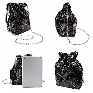 Ayliss Women Drawstring Bucket Bag Reversible Mermaid Sequin Chain Shoulder Bag Crossbody Handbags (Black)