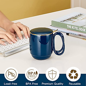 ZENS Tea Cup with Infuser and Lid, 16 Ounces Entwined Handle Porcelain Mug, Loose Tea Steeping Mug with Gold Trim Lid for Tea Gift/Navy Blue 480ML